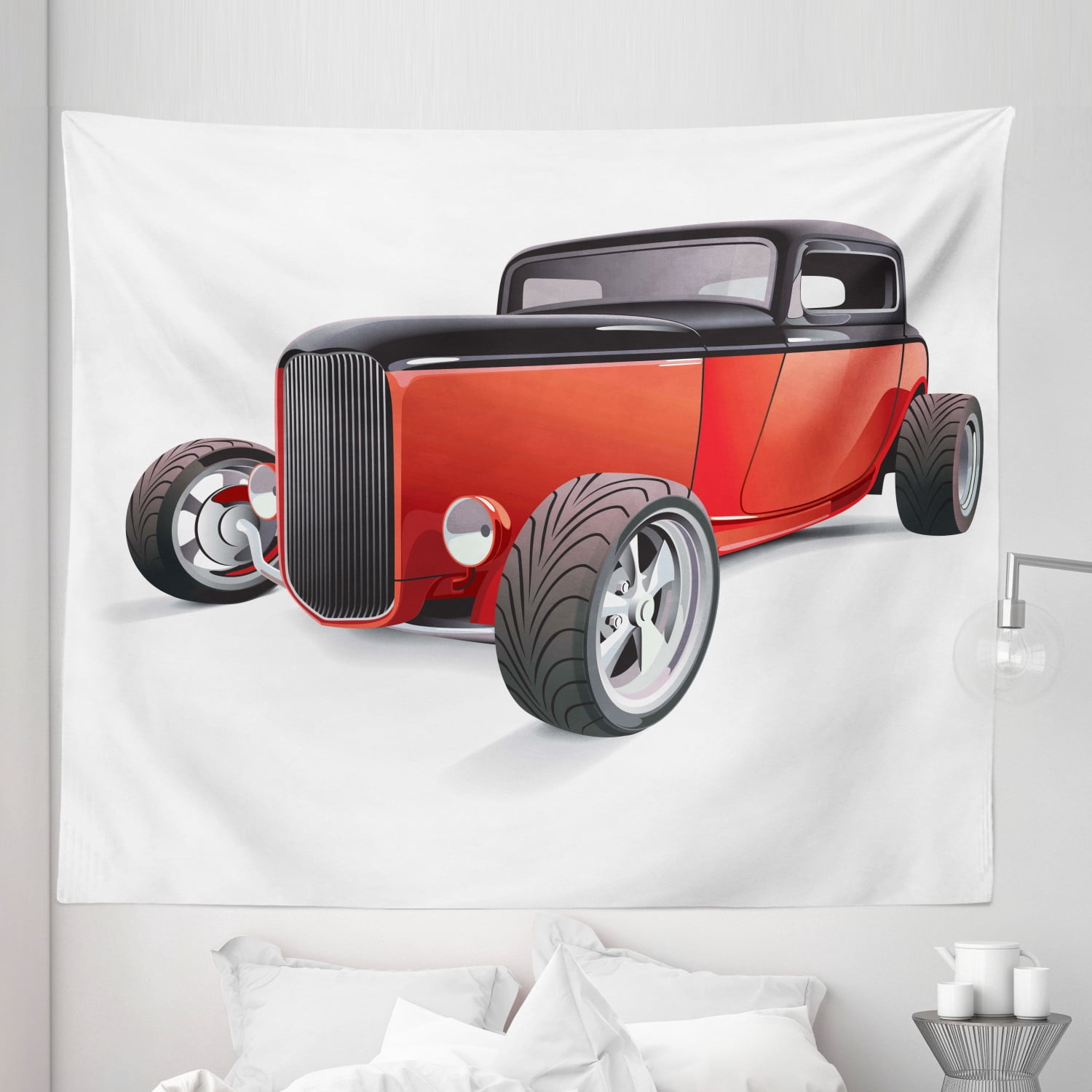 Cars Tapestry, Nostalgia Red Hot Rod American Culture Retro Revival ...