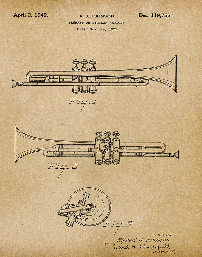Original Trumpet Artwork Submitted In 1940 - Music - Patent Art Print ...