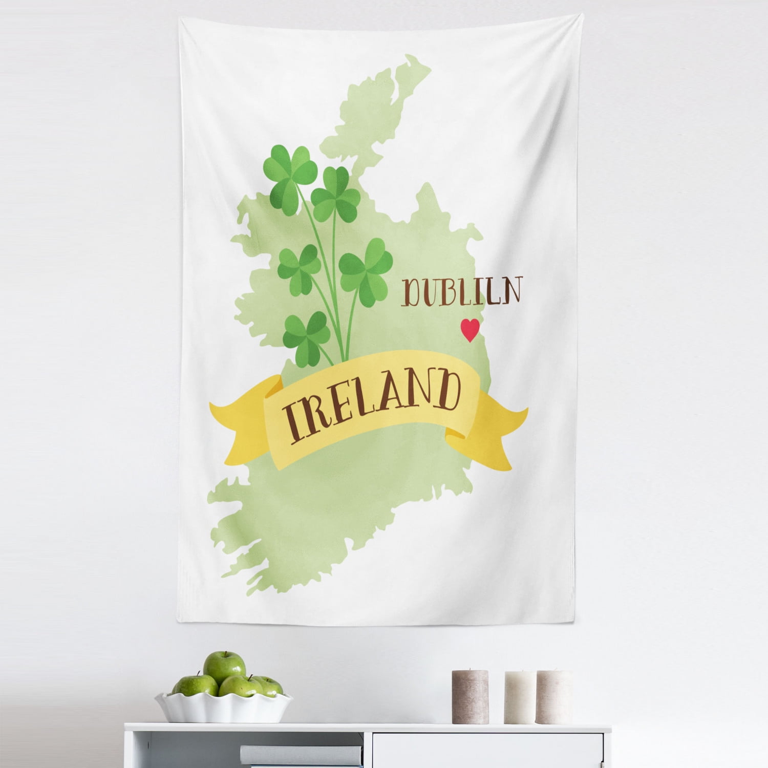 Ireland Map Tapestry, Nature Themed Dublin Wording Green Shamrock ...