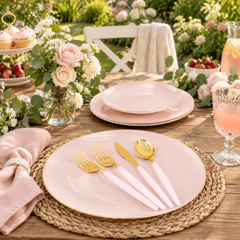 Pink Round Style 150-Piece Disposable Plastic Party Plates Set with ...