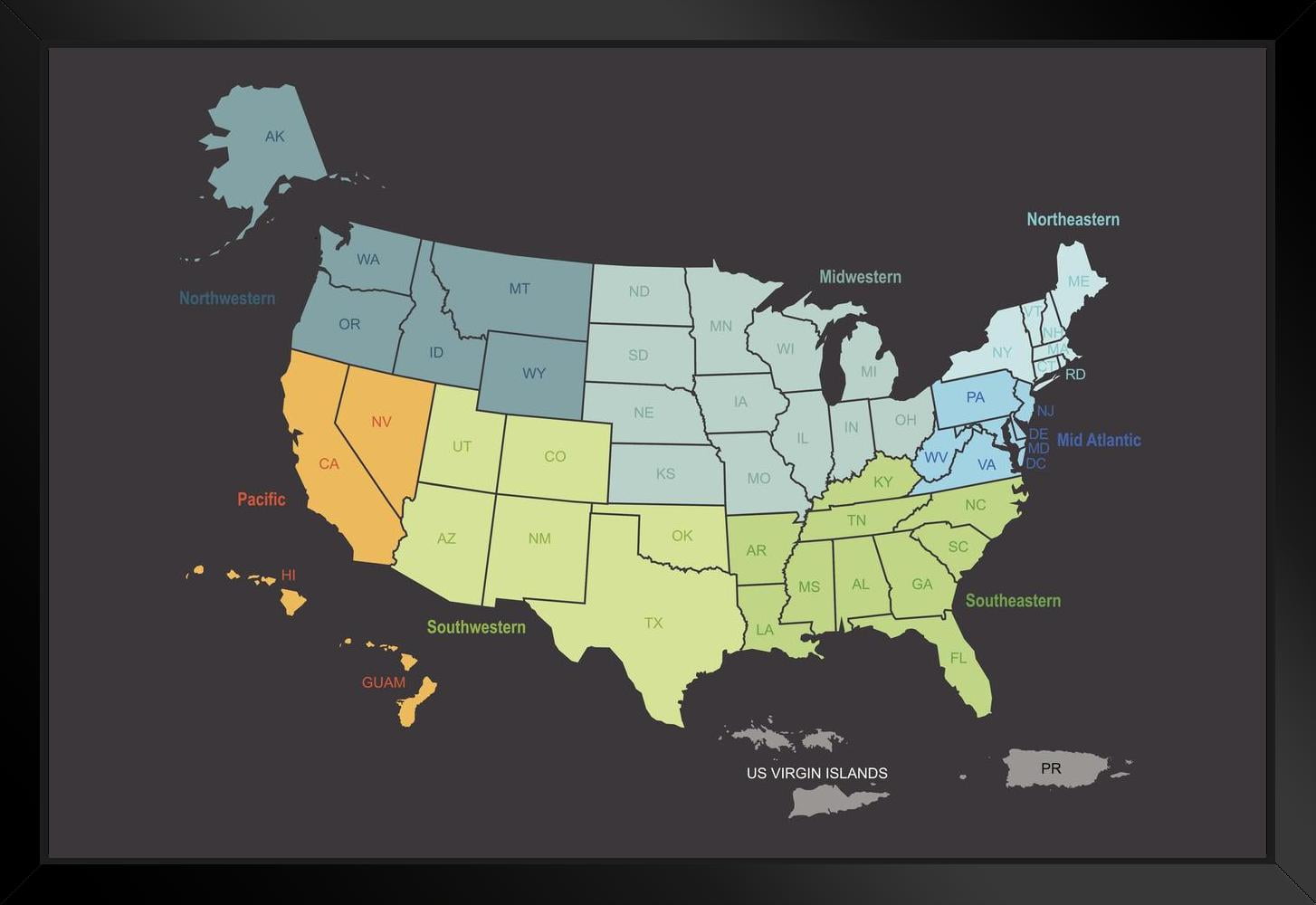 Modern Color United States Map Poster Black with Colors USA and ...