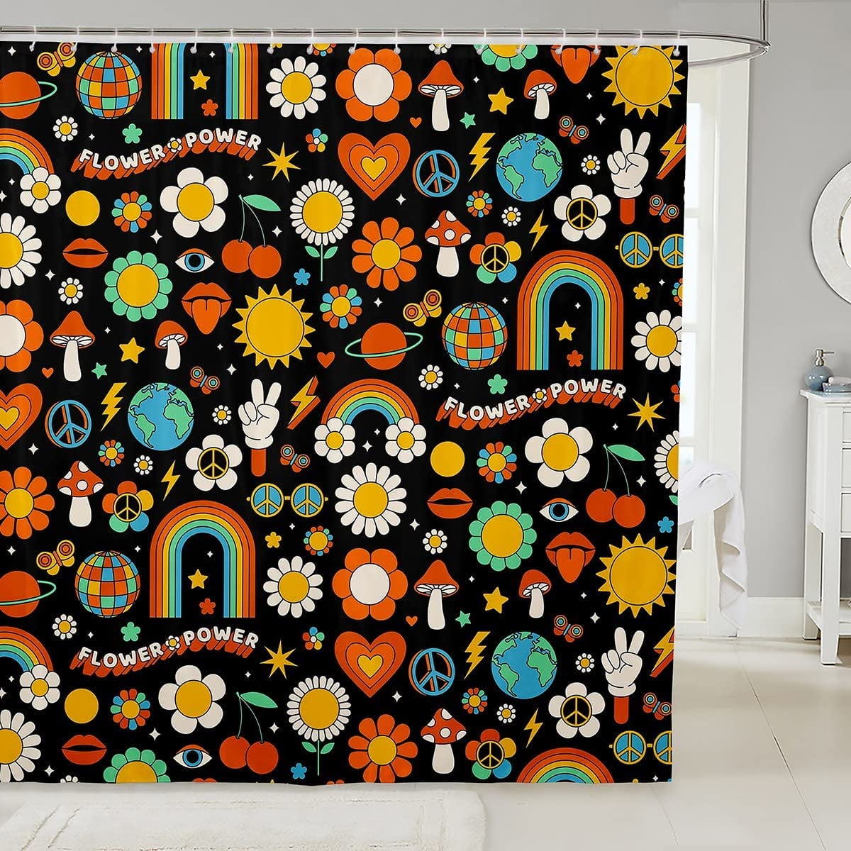 Groovy Style Shower Curtain 72x78 Vintage 60s 70s Flower Doodle