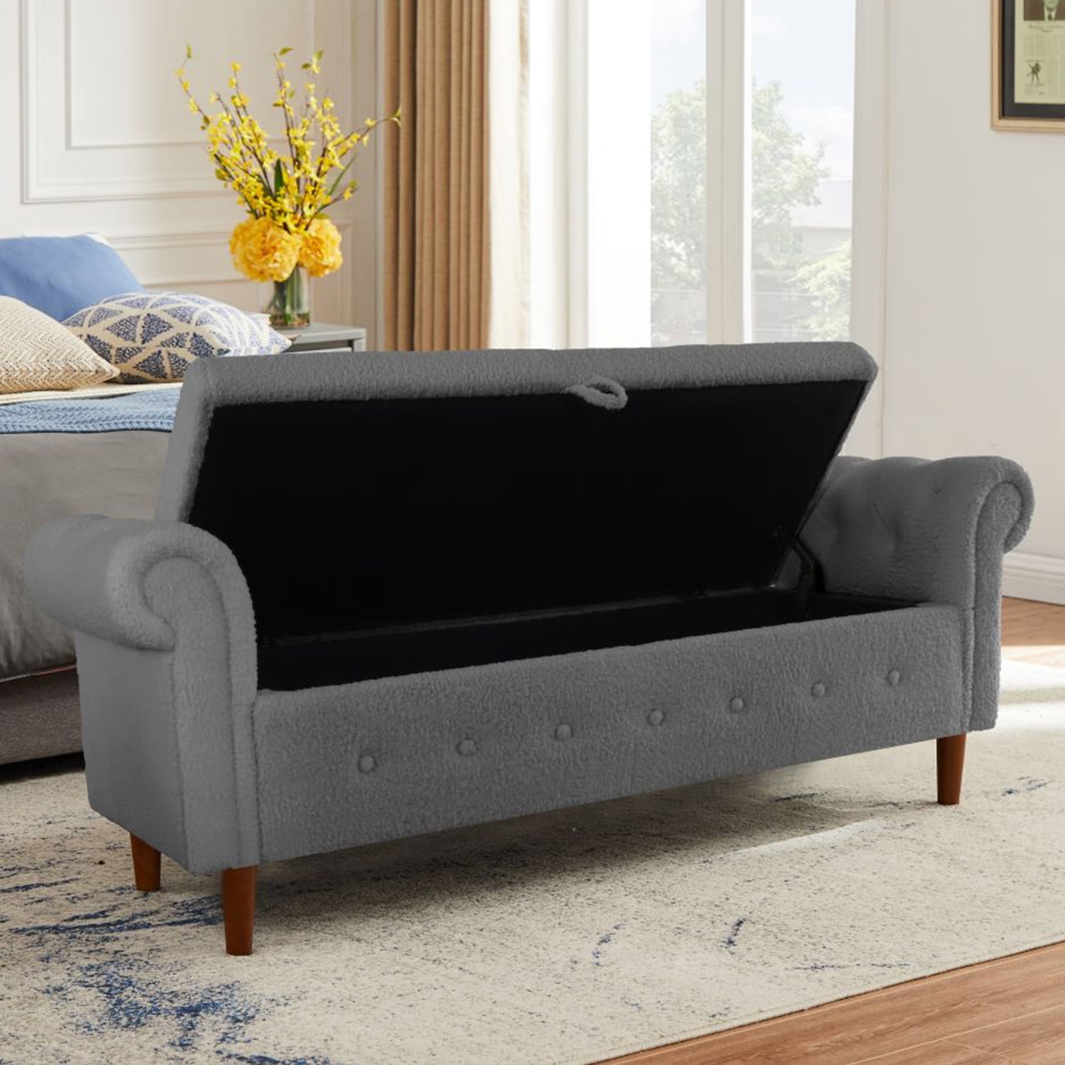 Classic Large Storage Ottoman Bench with Tufted Rolled Arms and Wood ...