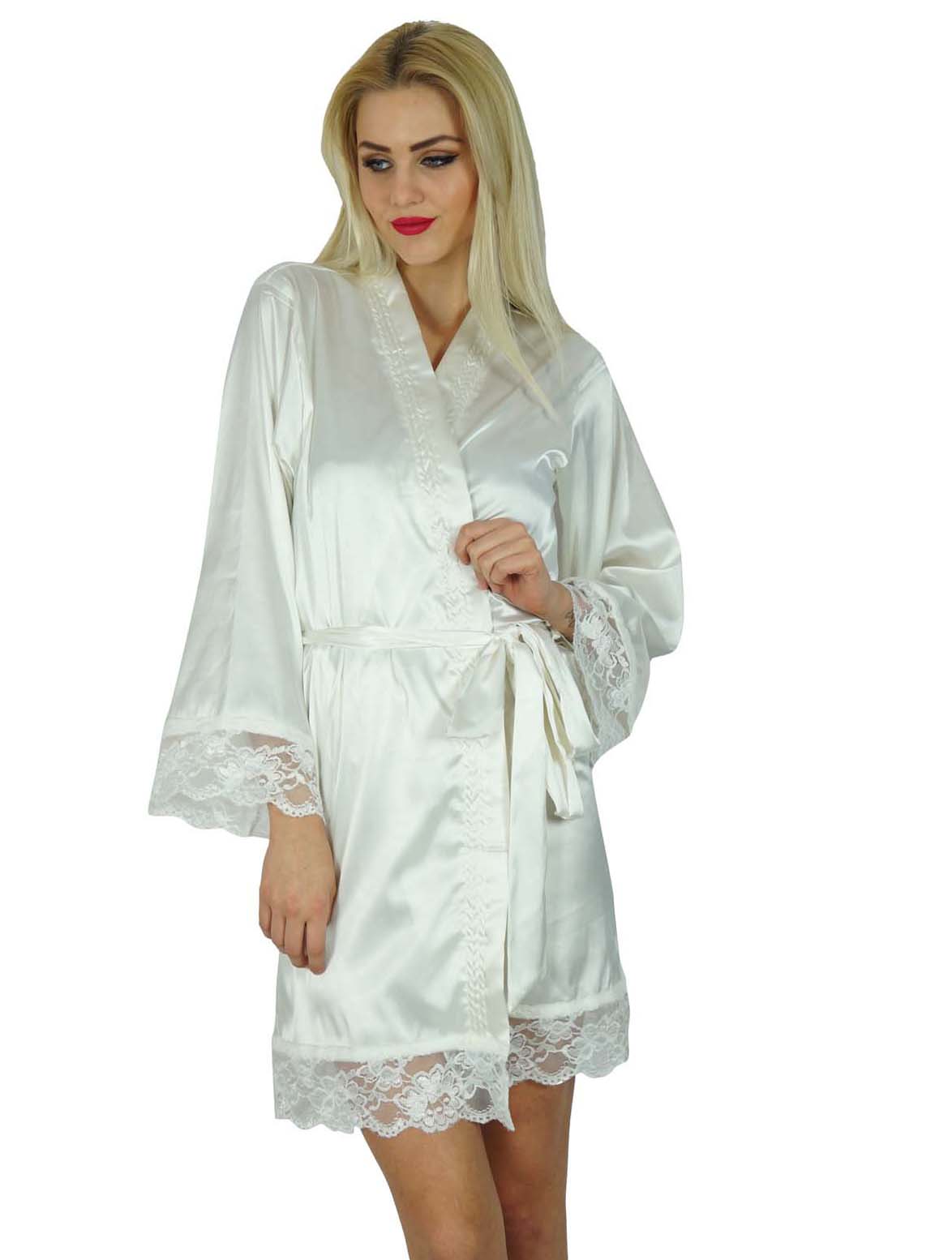 Bimba Women Kimono Sleeve Satin Short Robe Bride Bridesmaid Lace Robes ...
