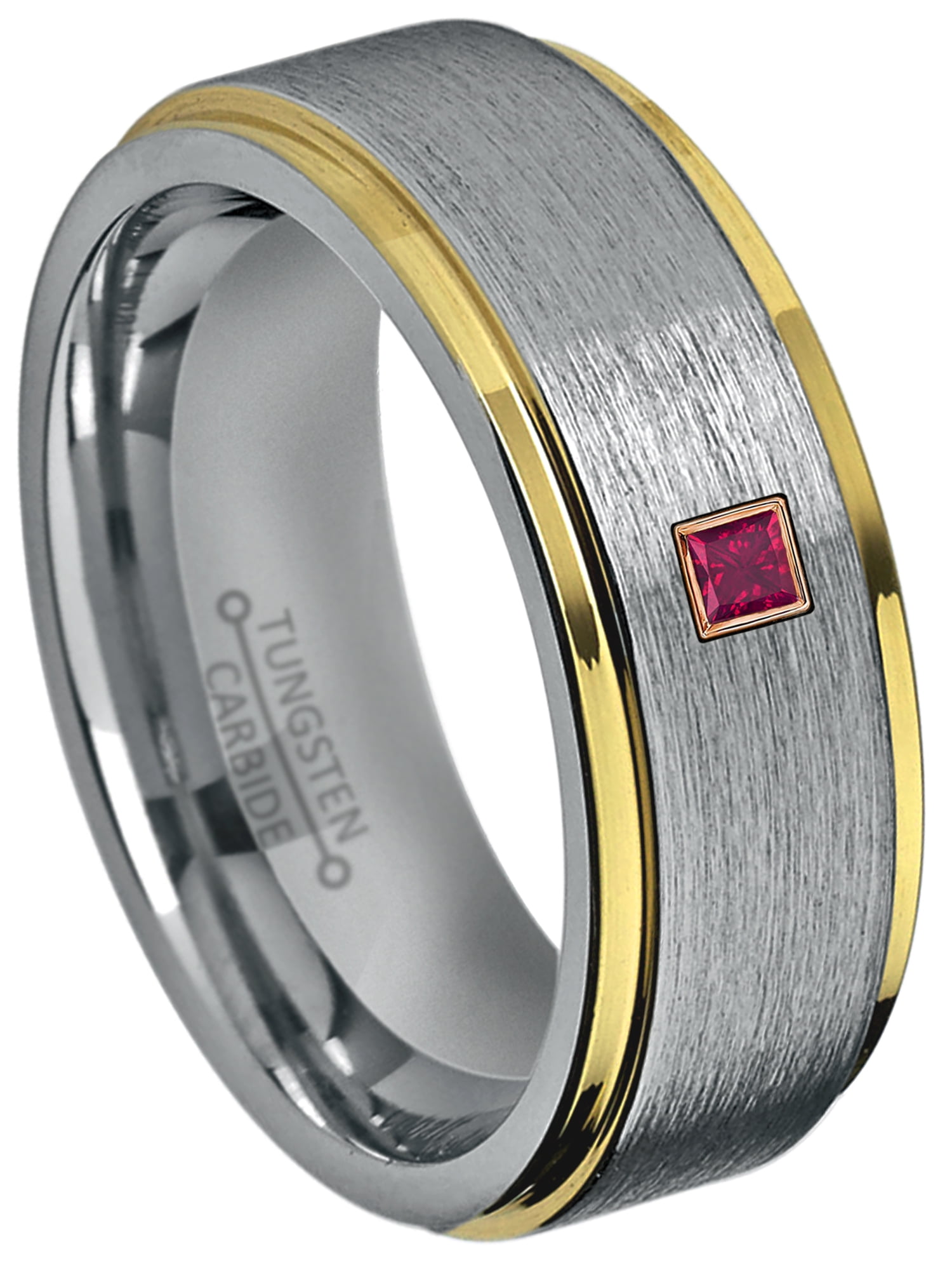 0.05ctw Princess Cut Ruby Tungsten Ring - 8MM Brushed 2-Tone Yellow ...
