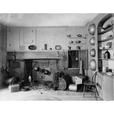 American Colonial Era Fireplace With The Utensils And Tools For Cooking ...