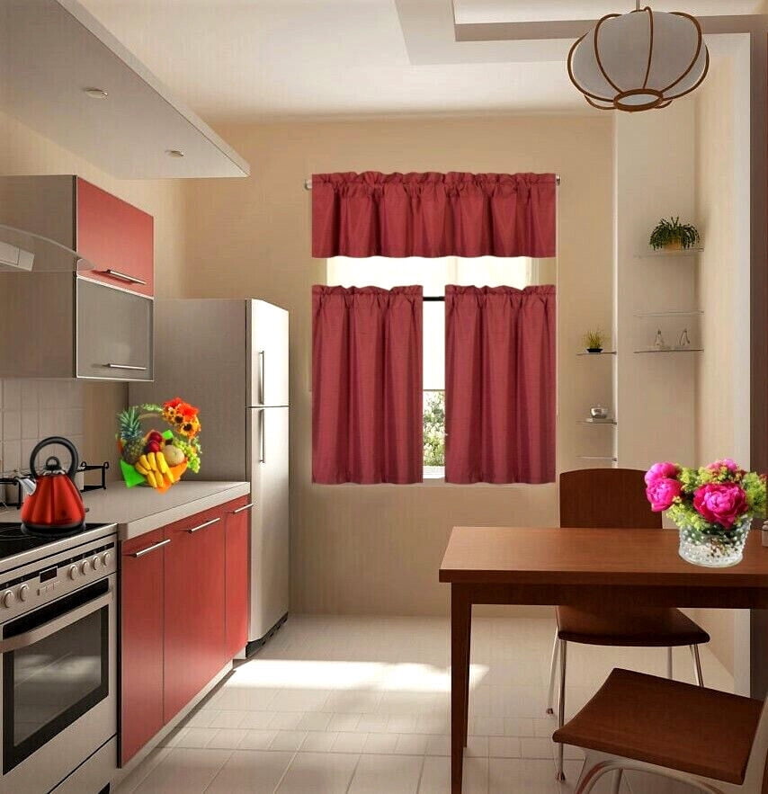 Set of 3 pieces Kitchen Curtain Blackout K4 Burgundy color Rod Pocket ...
