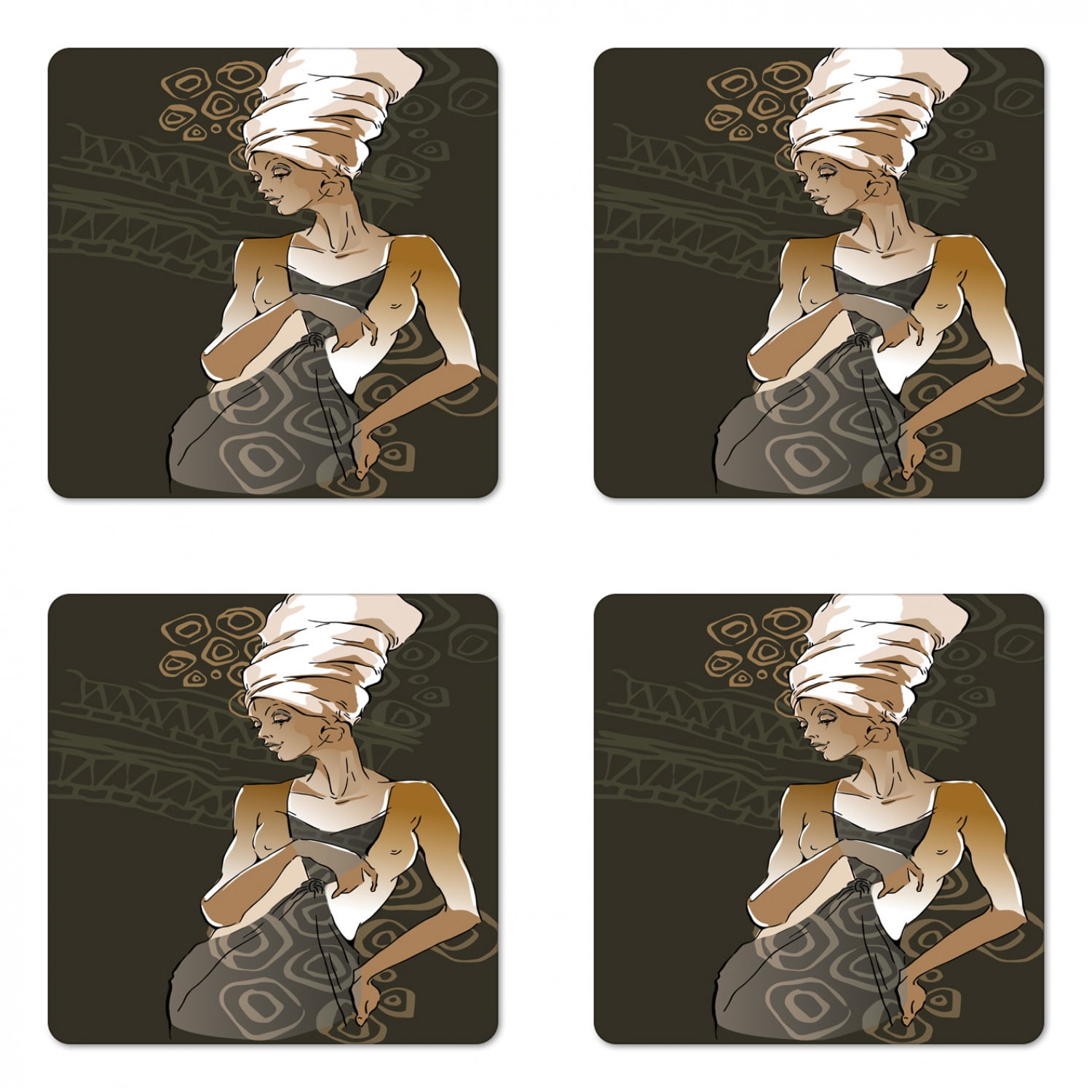 African Coaster Set of 4, Sketch of Lady Geometric Doodles Print ...