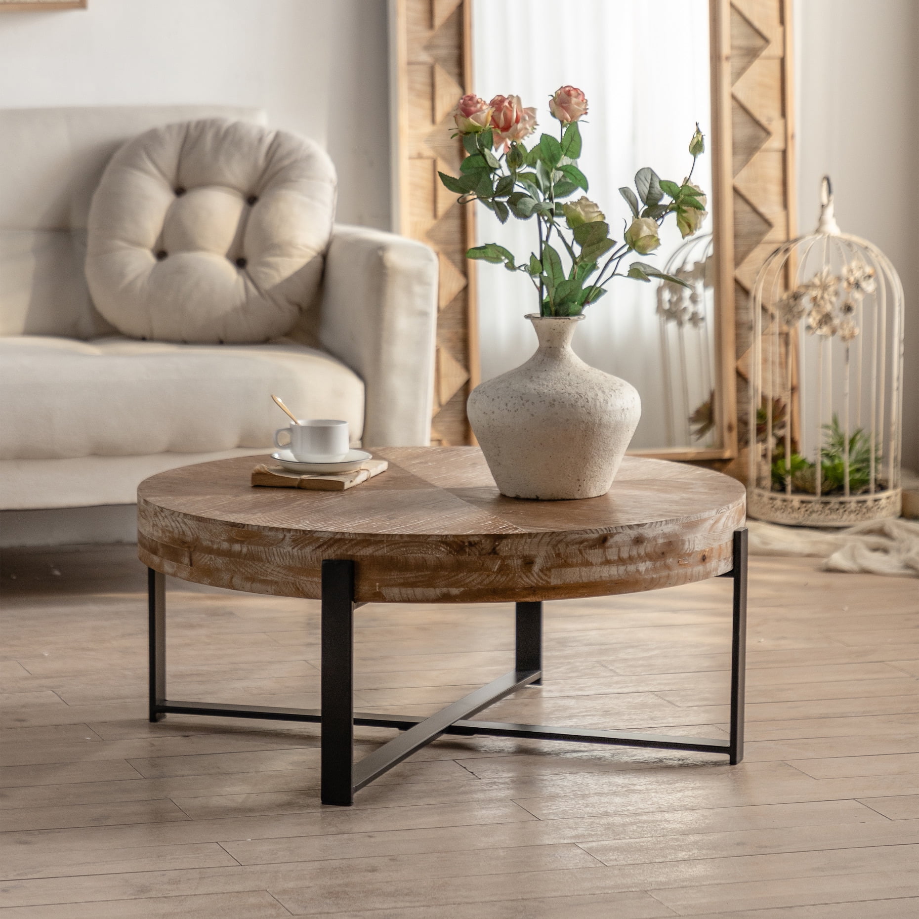 31.29" Modern Retro Round Coffee Table, Small Circular Table with Gold ...