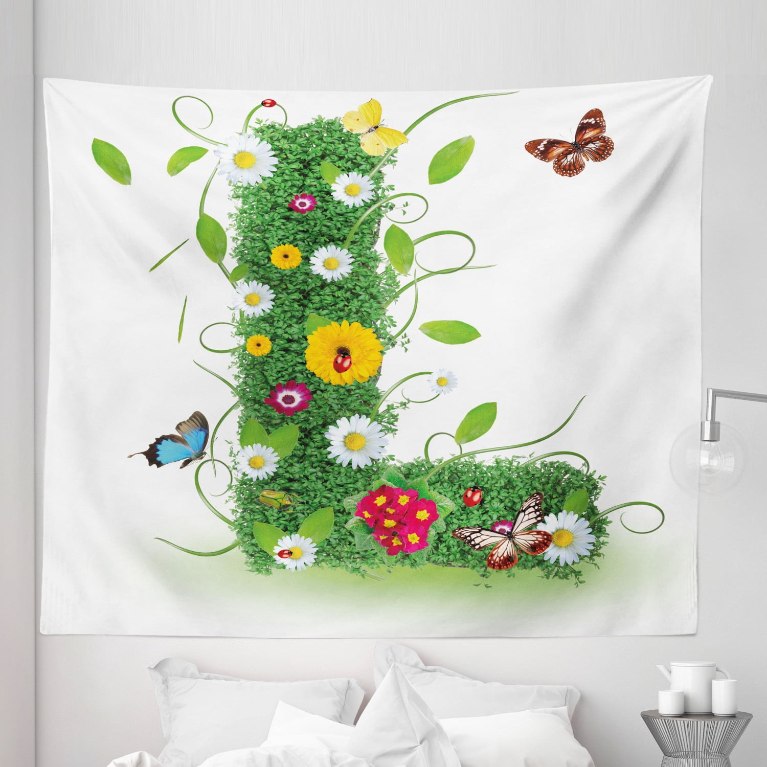 Letter L Tapestry, Alphabet Capital L Design Daisies Wildflowers Other ...
