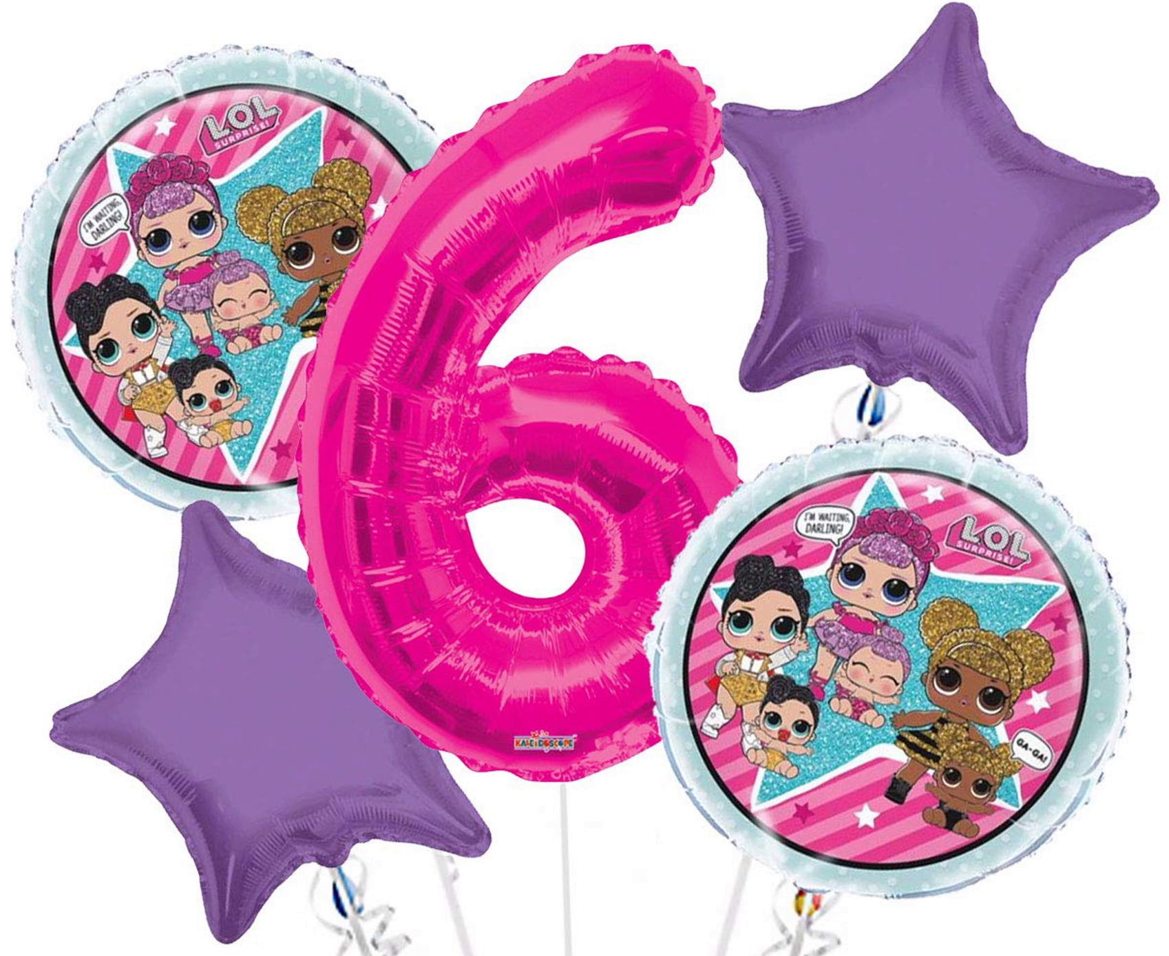 LOL Round Balloon Bouquet 5 pc, 6th Birthday, Hot Pink Number 6 Jumbo ...