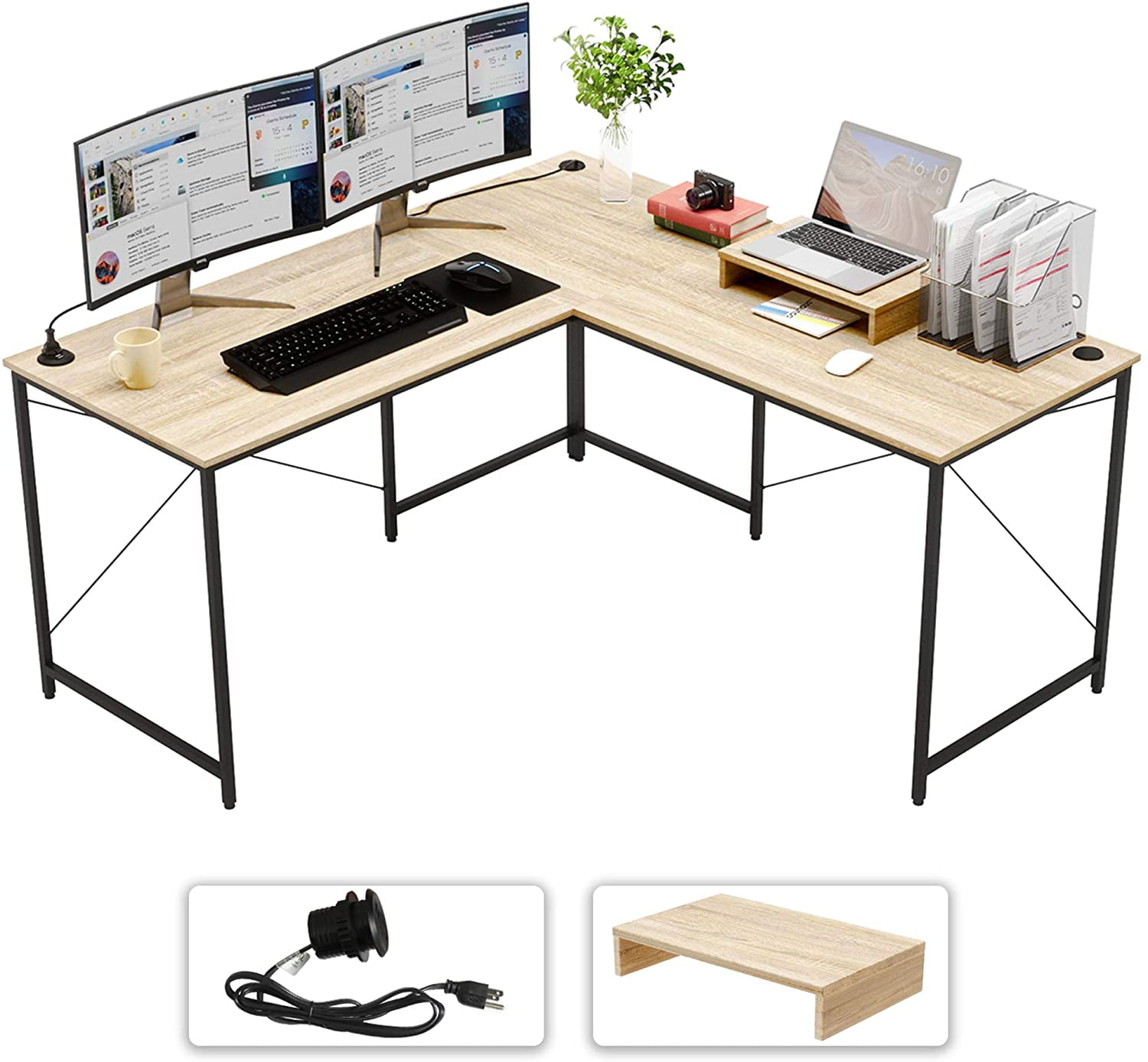 Bestier 95.2 inch L Shaped Desk with Power Outlet & Monitor Stand Oak ...