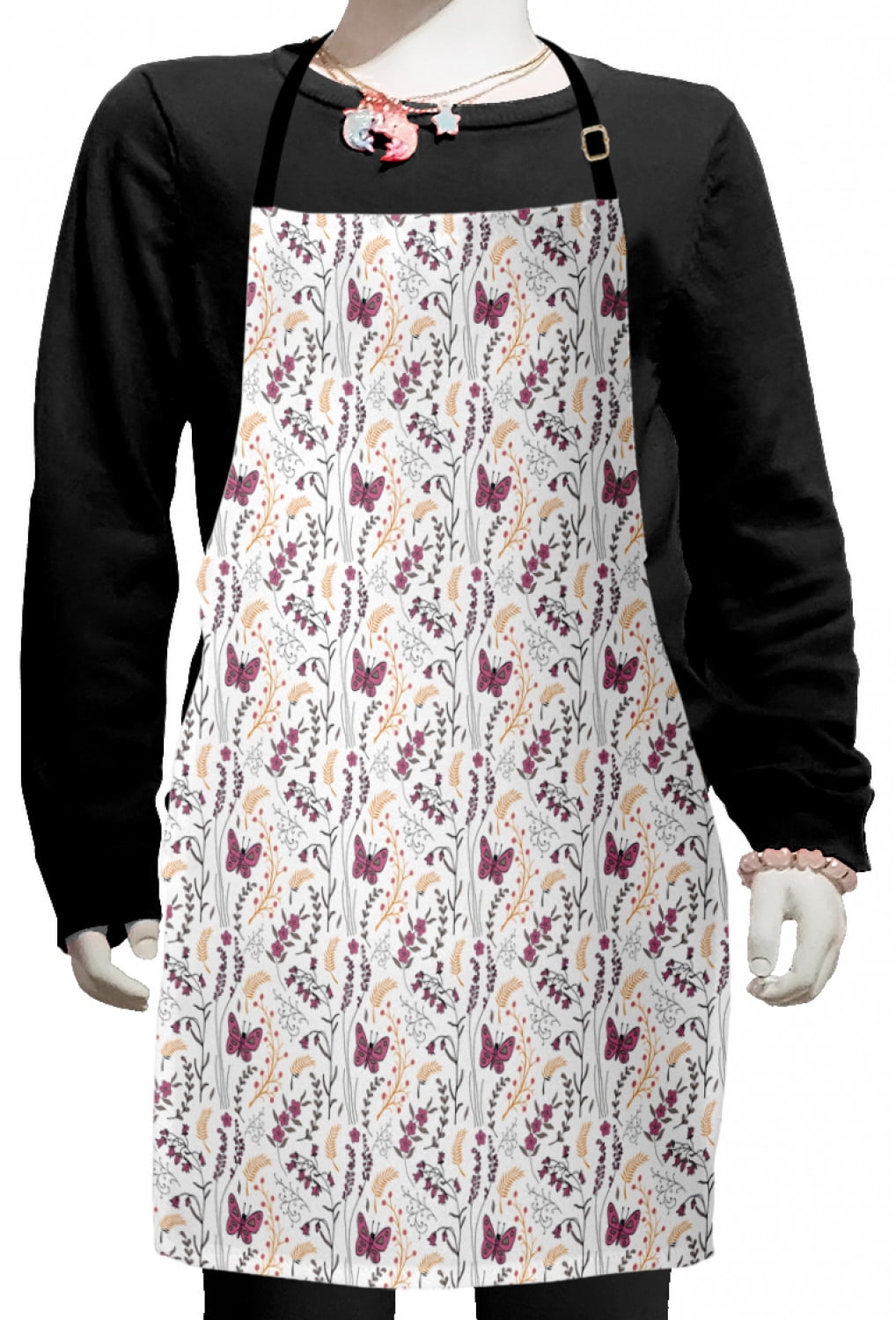 Spring Kids Apron, Pattern with Doodles of Flowers and Butterflies Hand ...