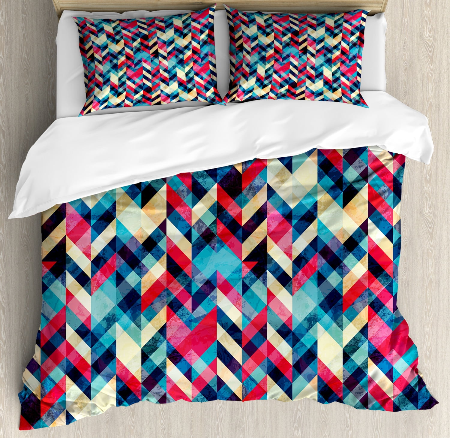 Grunge Duvet Cover Set Queen Size Hipster Zigzag Herringbone Retro
