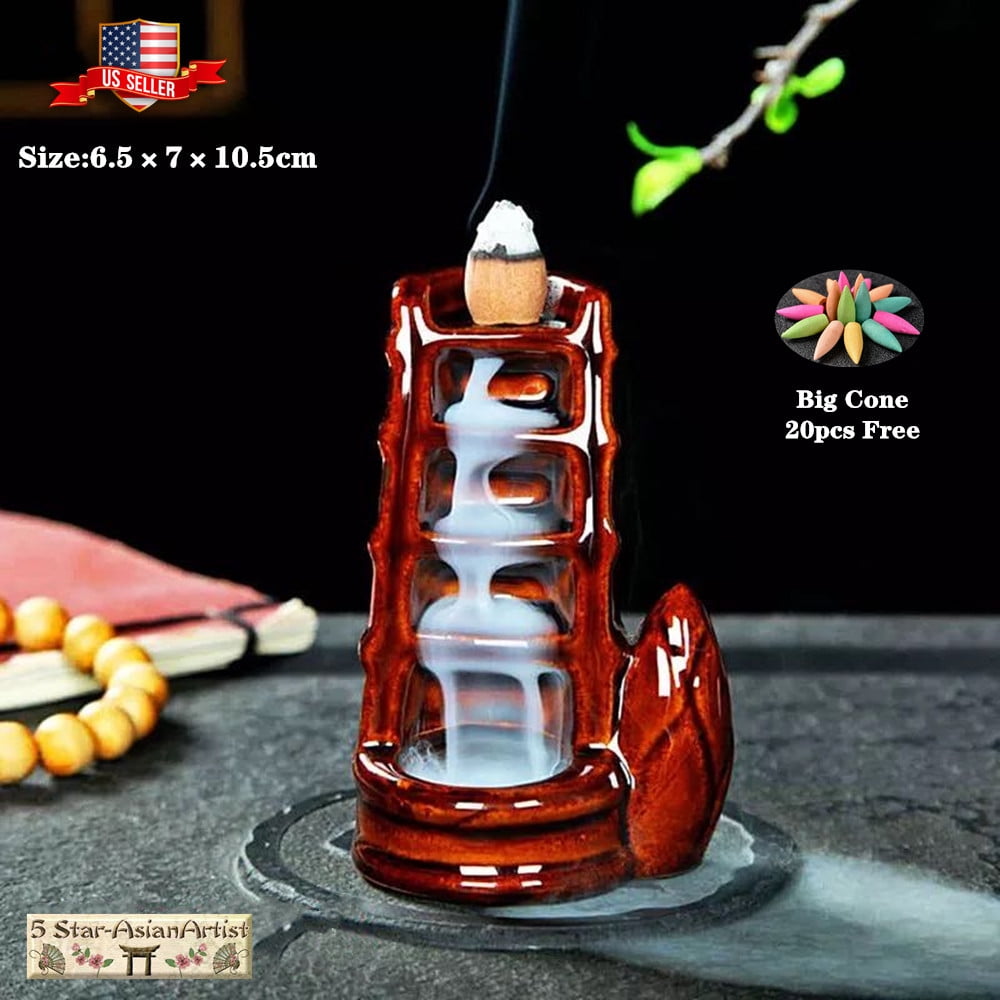 Ceramic Backflow Incense Cones Burner Holder Bamboo Waterfall & 20 ...