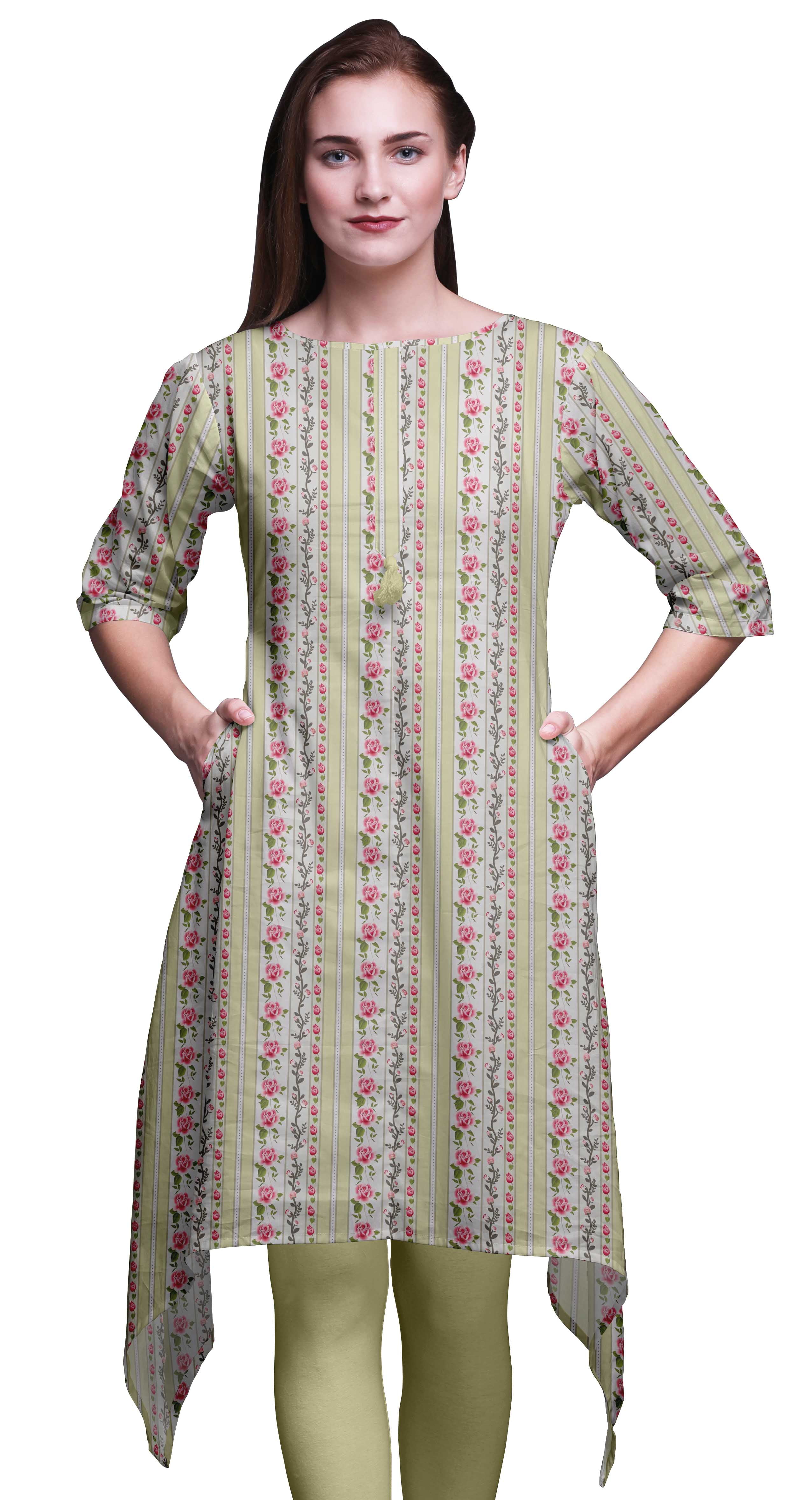 Bimba Beige Stripe,Leaves & Rose Floral Indian Tunic Tops For Girls ...