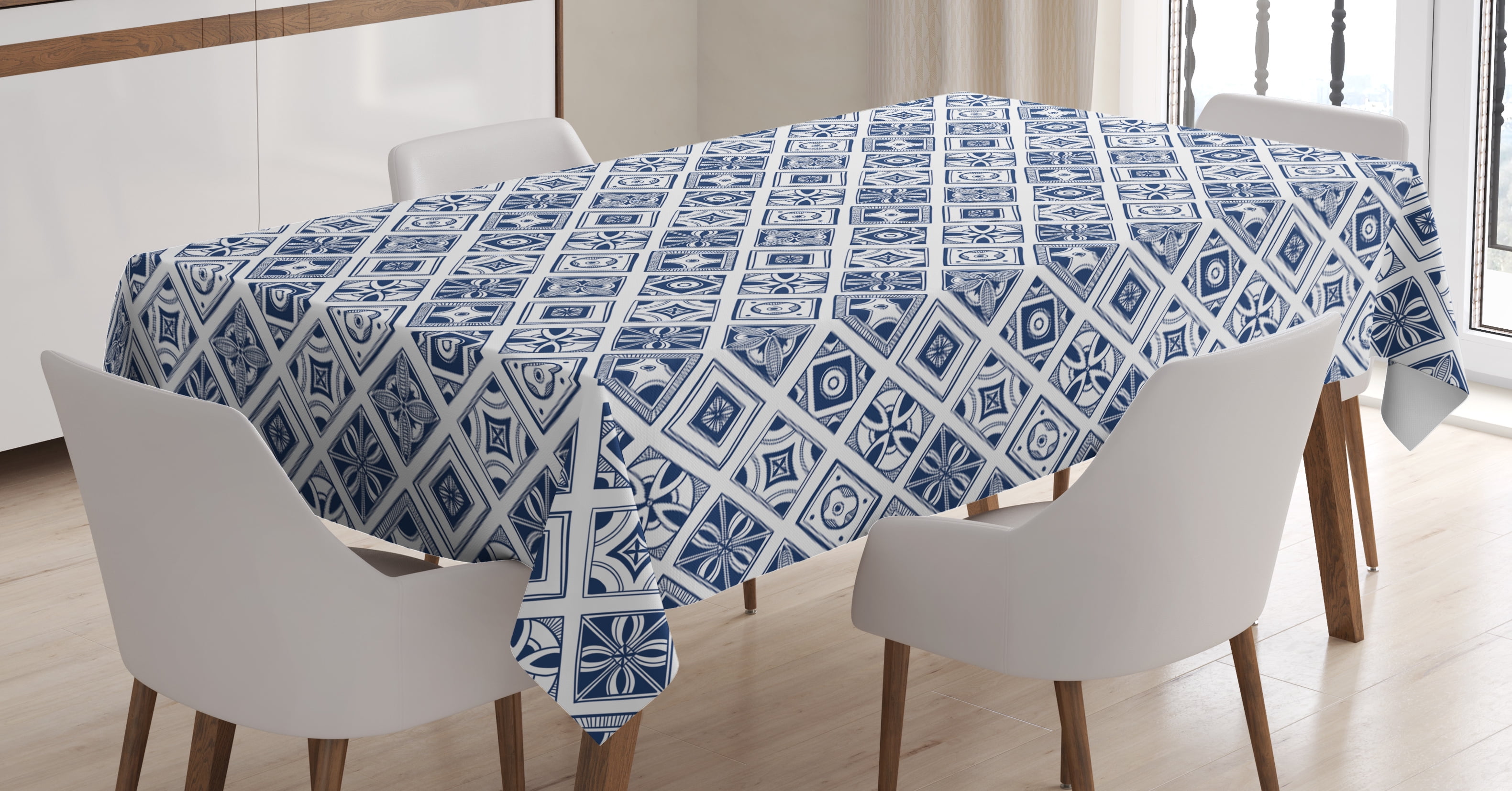 Navy Blue Tablecloth, Mediterranean Traditional Art Elements with ... Navy Blue Tablecloth, Mediterranean Traditional Art Elements with ...