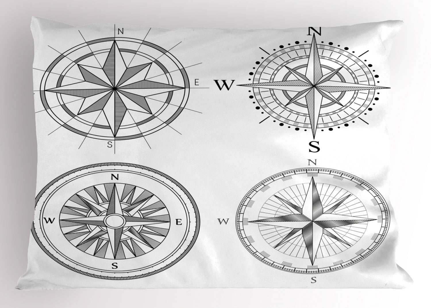 Compass Pillow Sham Seafaring Design Set of Windroses in Black and ...