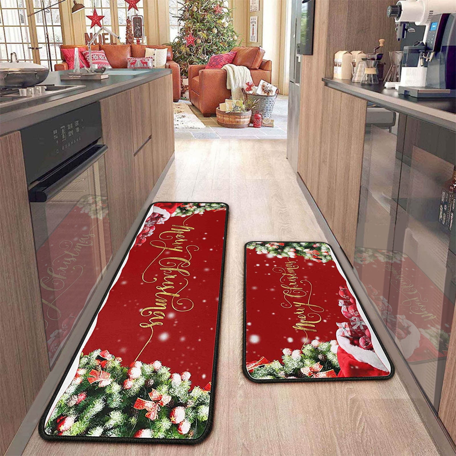 Dvkptbk 2 Pcs Christmas Kitchen Rugs And Mats For Floor Non-Slip Backing Mat Merry Christmas Kitchen Decor Anti Fatigue Kitchen Rug Sets Xmas Decor (1