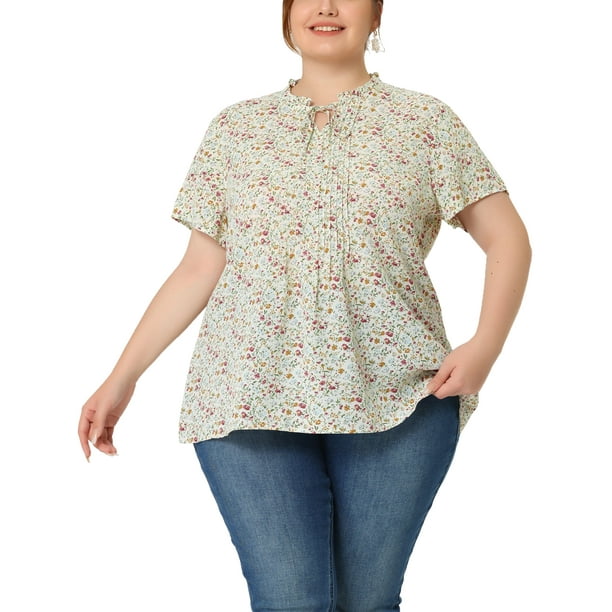 Agnes Orinda Women's Plus Size Spring Floral Tie Neck Short Sleeve ...