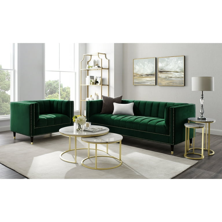 Sofa with Nailhed Trim and Tapered Metal Leg Tip Hunter Green Gold