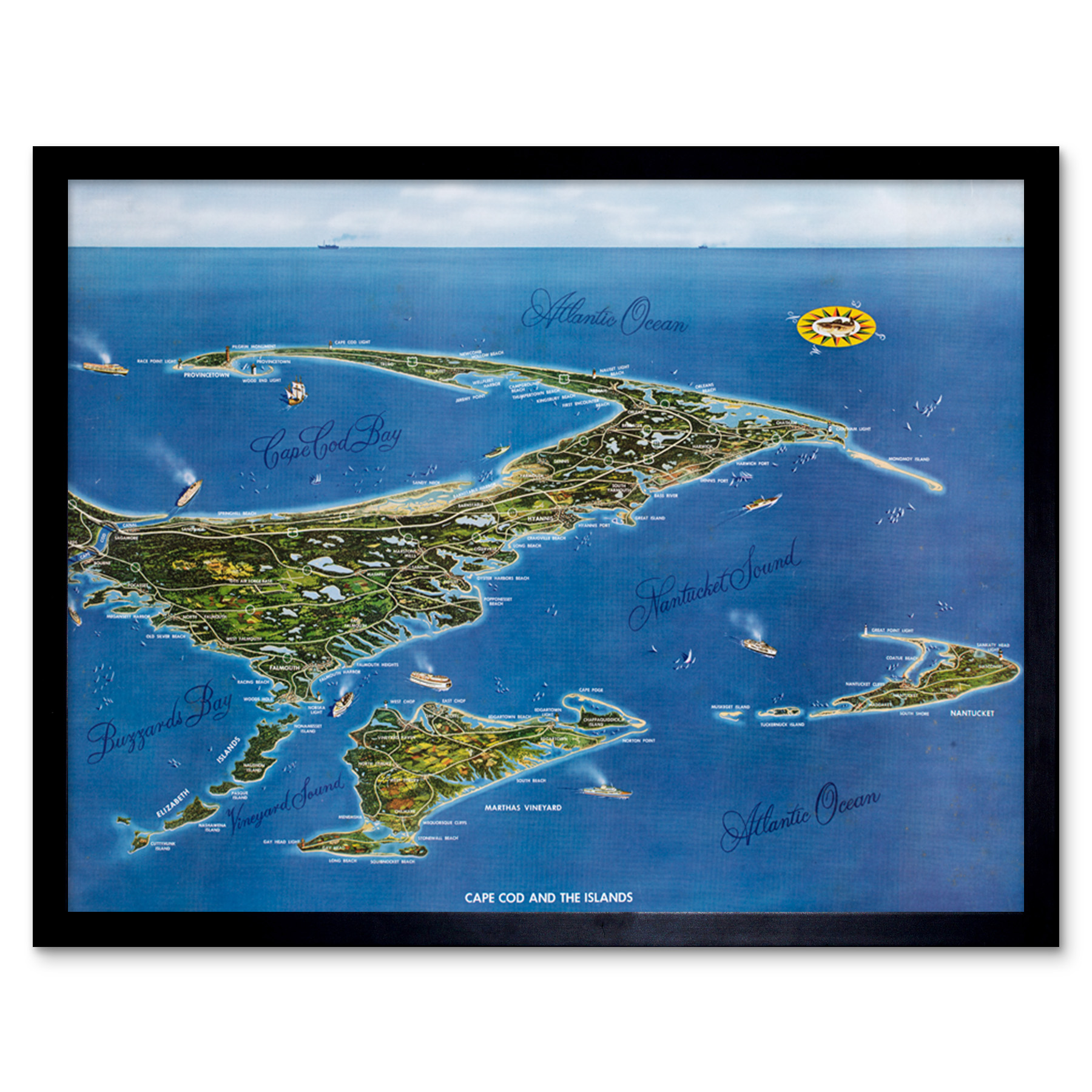 Macdonald 1958 Map Cape Cod And The Islands Bird's Eye View Framed Wall ...