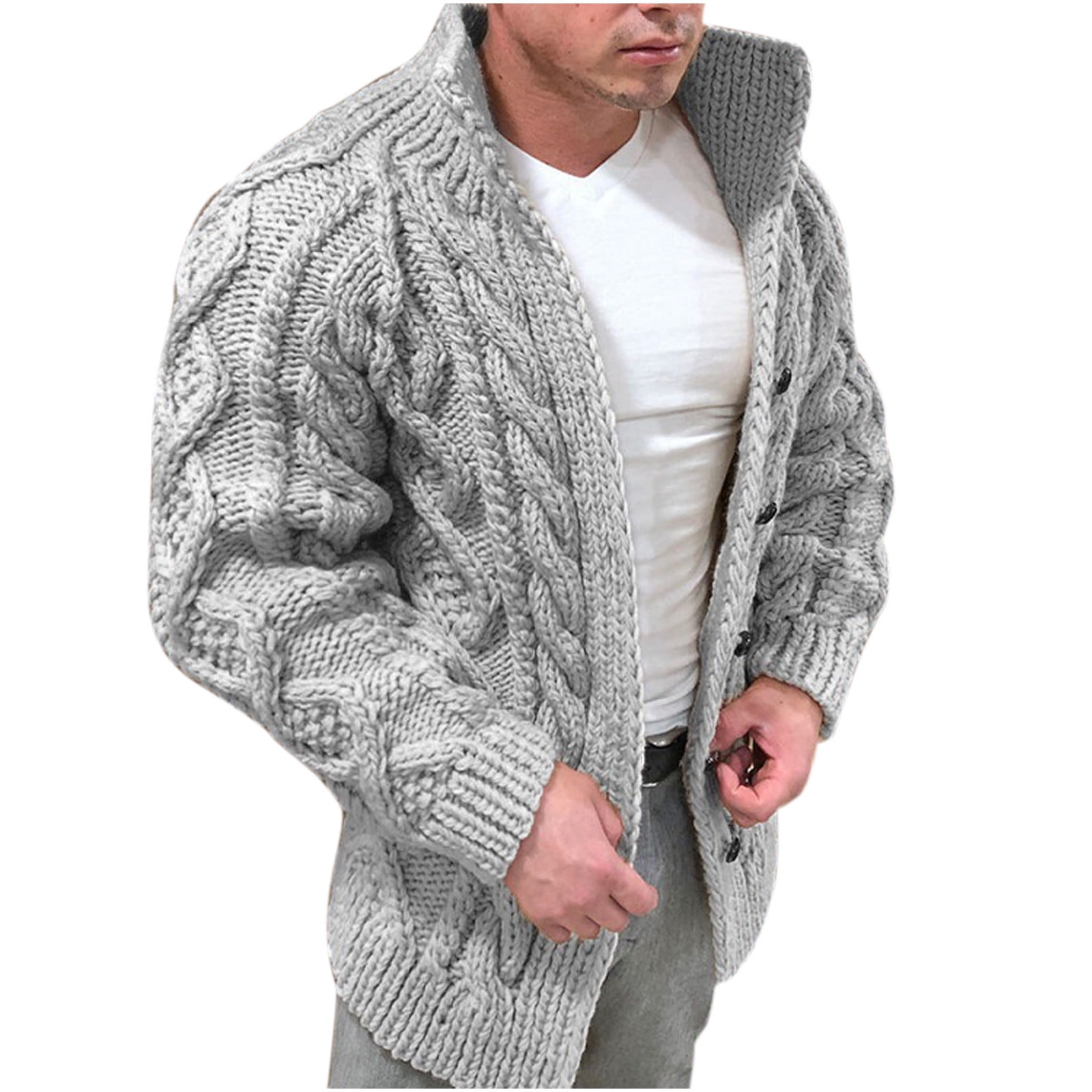 RYRJJ Mens Cardigan Sweaters Long Sleeve Stand Collar Cable Knitted ...