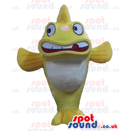 Big yellow fish with big round eyes and big mouth and white belly ...
