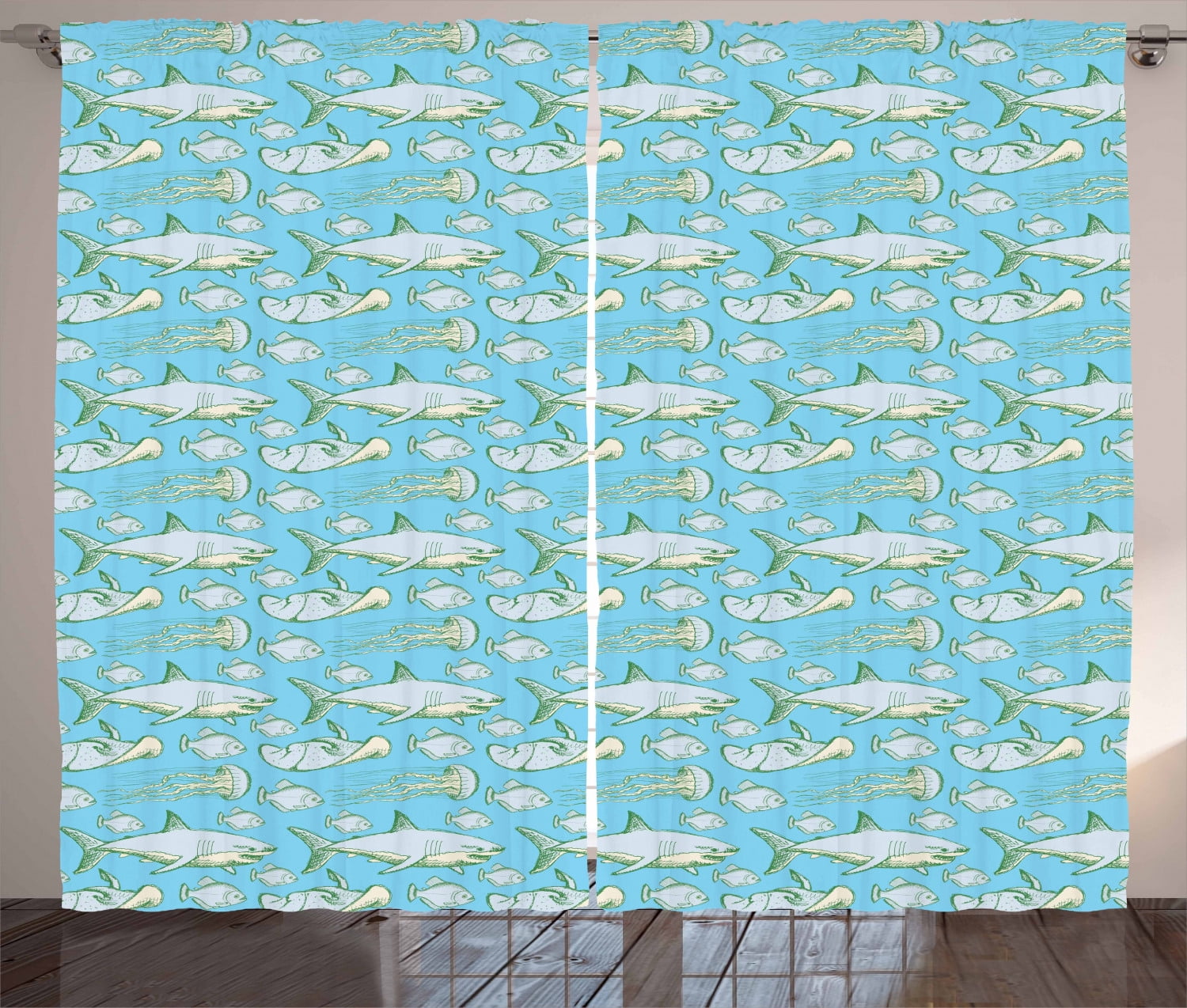 Shark Curtains 2 Panels Set, Sea Creatures in Vintage Style Swimming ...