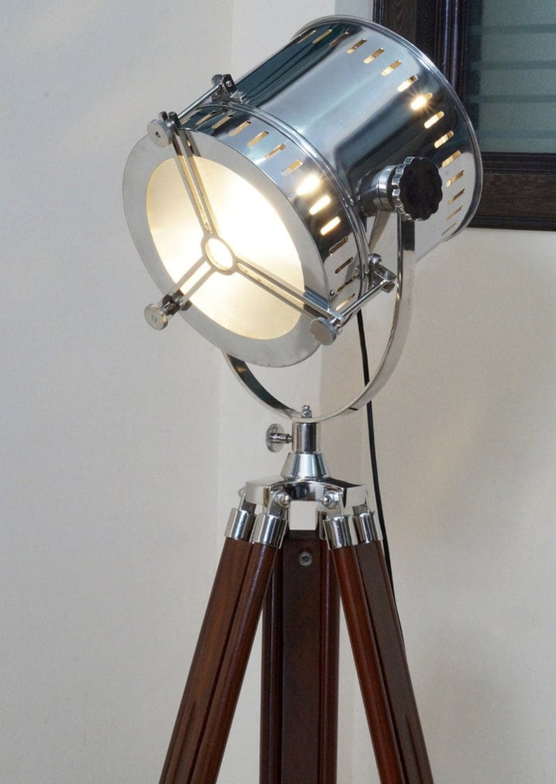 Wooden Floor Lamp Chrome Spotlight Tripod Stand Lamp Theater Floor Lamp ...