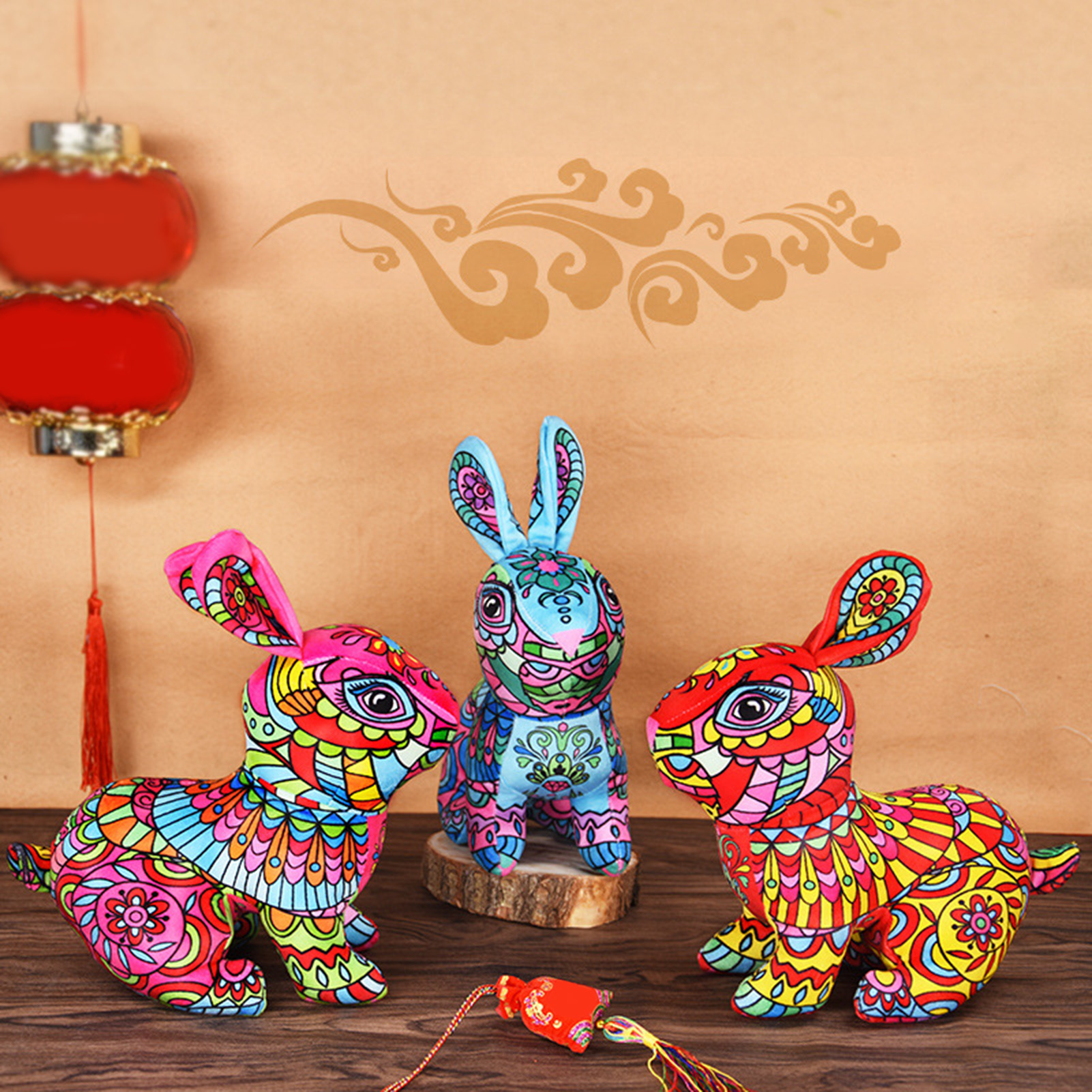 Anvazise Bunny Plush Doll Chinese Style Colorful Prints Cute Bunny Doll ...