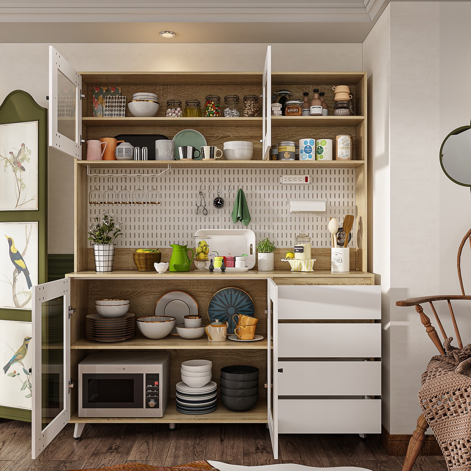 FUFU&GAGA Kitchen Pantry with 4 Drawers and Hutch,Buffet Storage ...