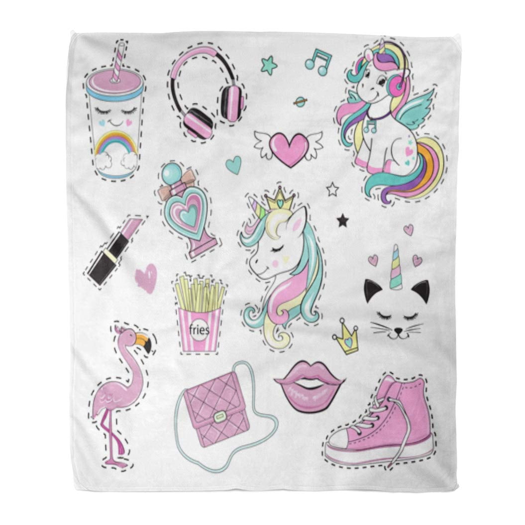 Sidonku Flannel Throw Blanket Colorful Cartoon Patch Badges Beautiful
