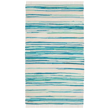 SAFAVIEH Rag Robynne Striped Cotton Runner Rug, Aqua/Multi, 2'3" x 5 ...