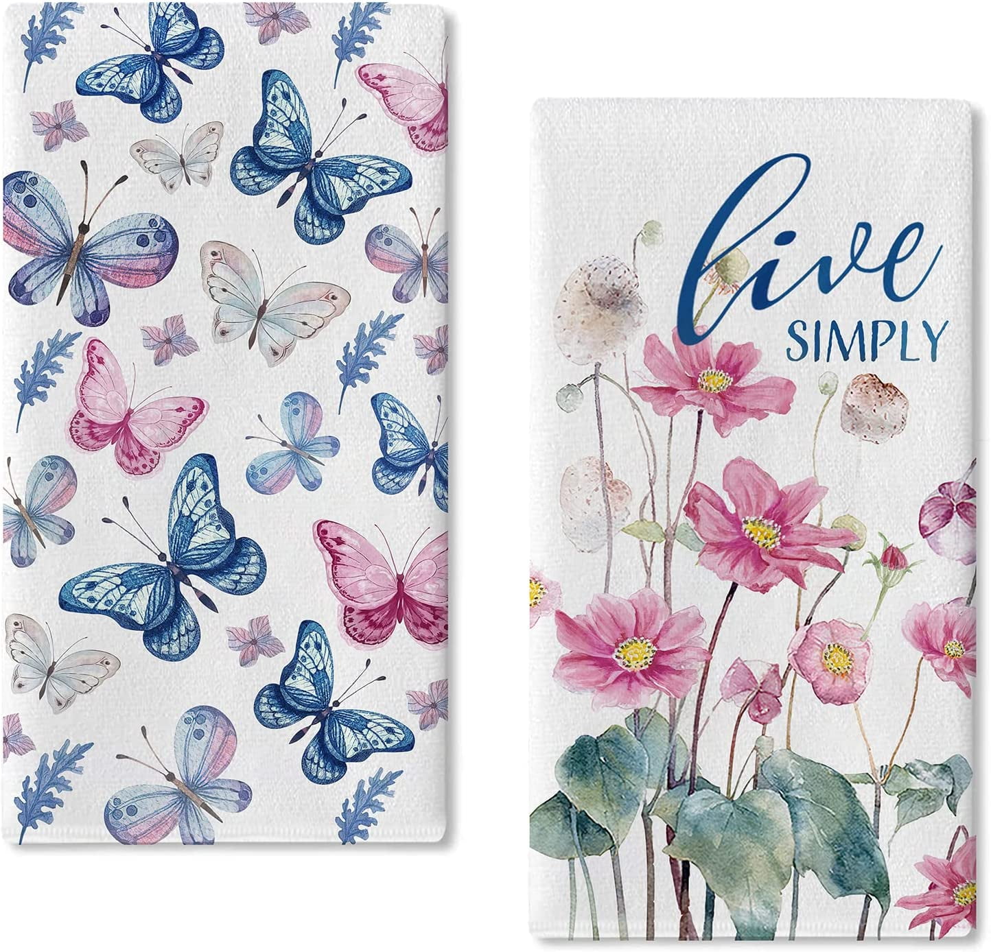 JOOCAR Kitchen Towels, Summer Beautiful Flowers Blue Pink Butterflies ...