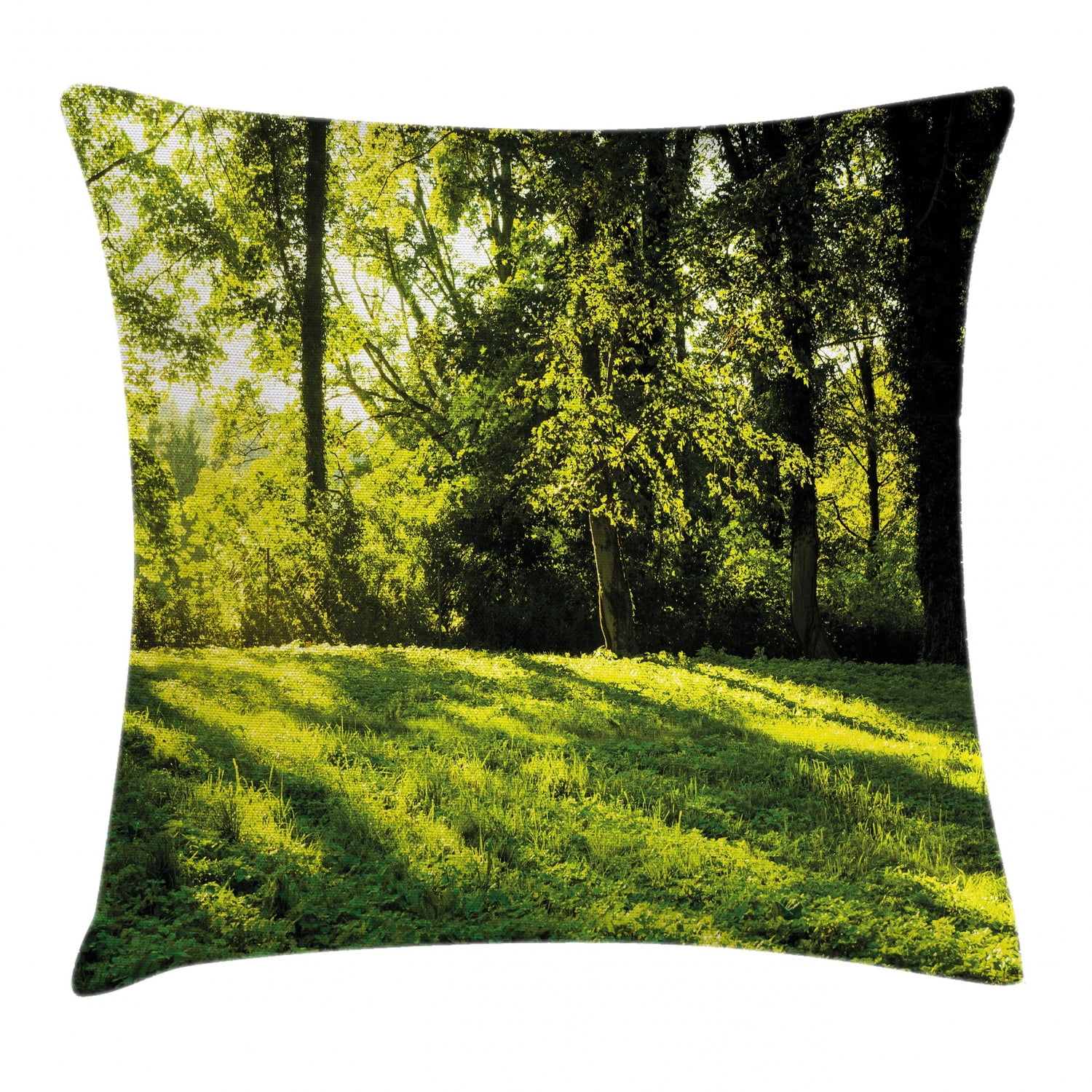 Green Throw Pillow Cushion Cover, Forest Landscape at Sunrise Beams ...