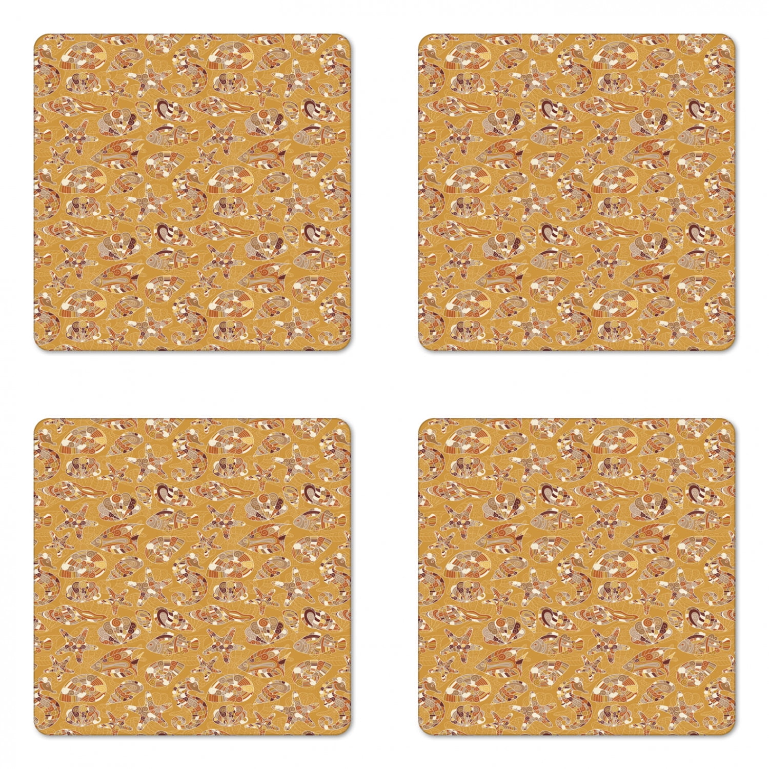 Ocean Coaster Set of 4, Pattern of Fish Shells Starfish Sea-Horse Water ...