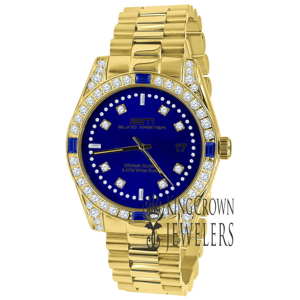 Mens All Stainless Steel Blue Sapphire Dial Simulated Diamond ...