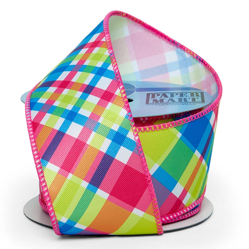 Party Gingham Wired Ribbon, 2 1/2" X 10YD, Random Stripes, Pastel, Roll ...