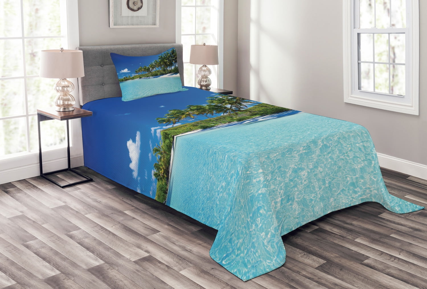 Ocean Bedspread Set Twin Size, Relaxing Beach Resort Spa Palm Trees and ...