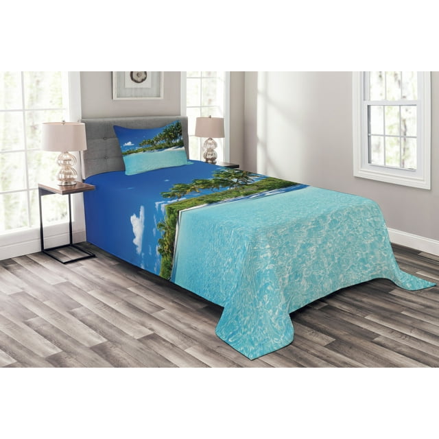 Ocean Bedspread Set Twin Size, Relaxing Beach Resort Spa Palm Trees and ...