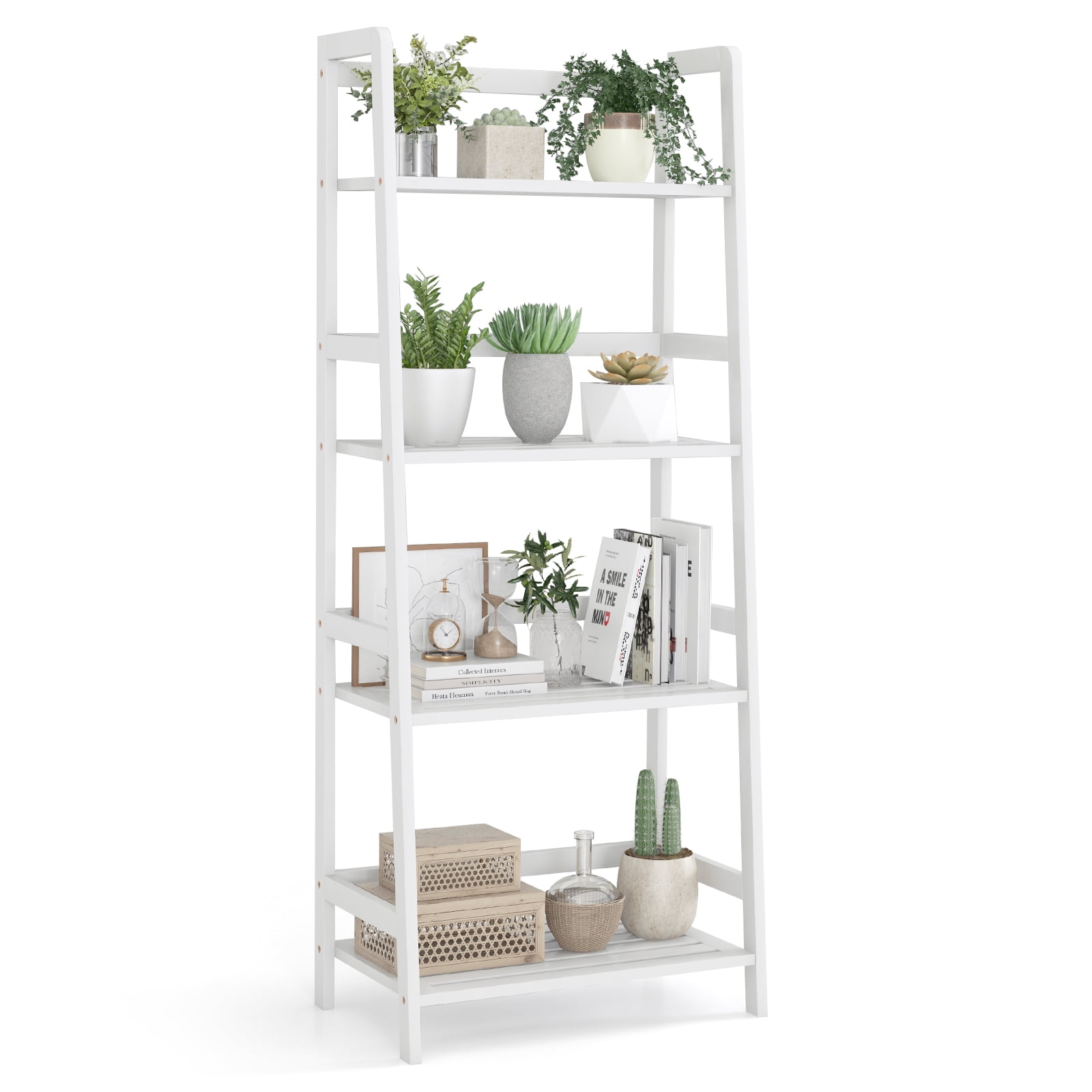 Patiojoy 4-Tier Bamboo Storage Rack Plant Flower Holder Display Shelves White 19L X 12.5W X 47.5H