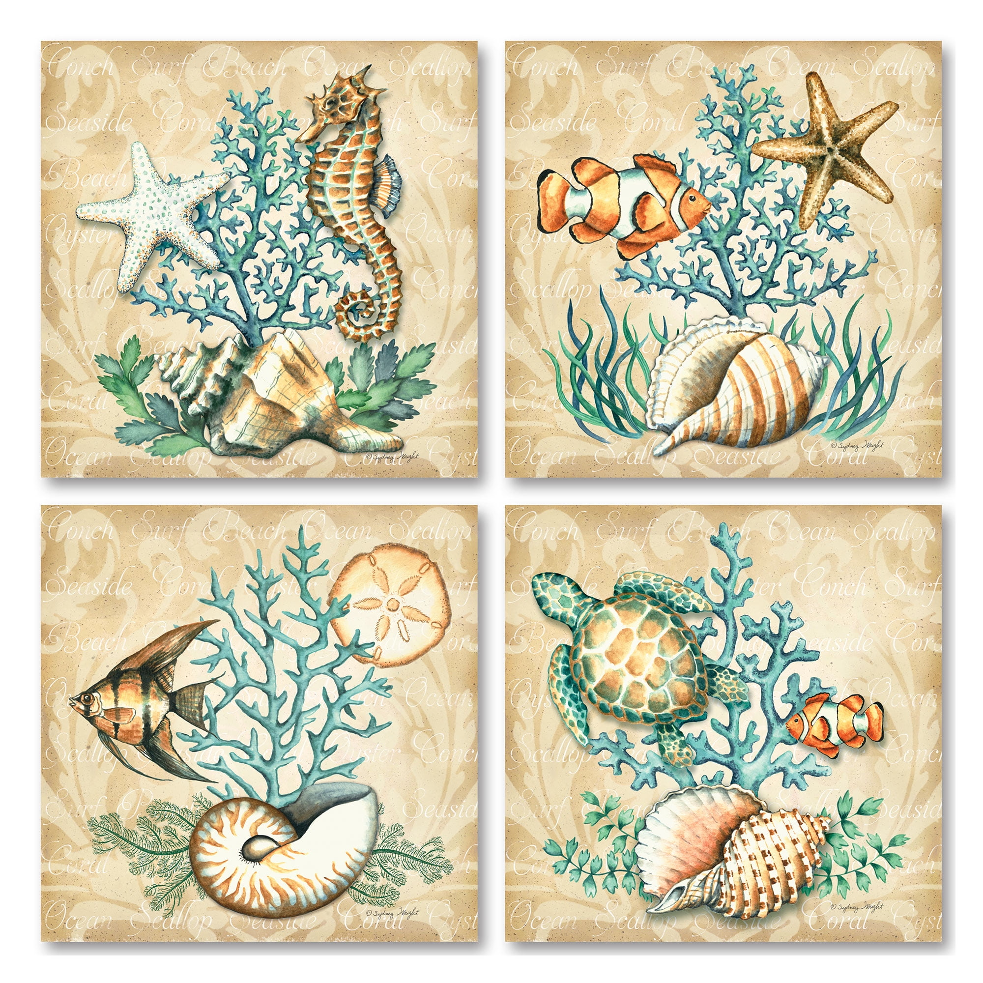 Beige and Teal Fish and Coral Adult Coastal Decor; 4 - 12" x 12 ...