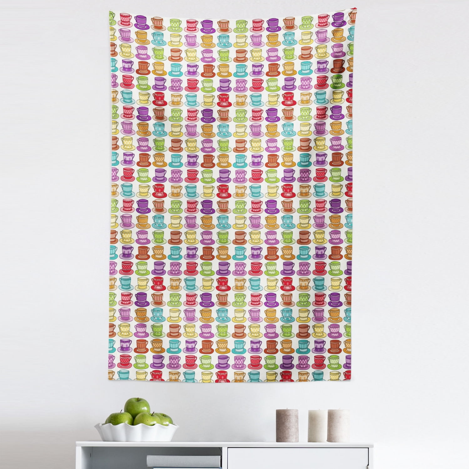 Tea Party Tapestry, Multicolored Teacup Design in Various Forms Squared ...