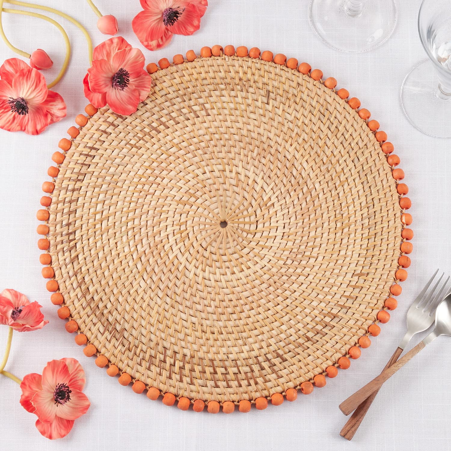 Fennco Styles Handmade Beaded Border Rattan Placemat 15" Round, 1 ...