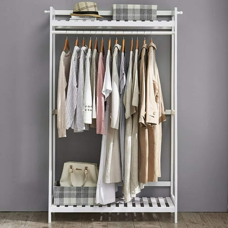 Solid Wood Clothing Rack with Shelves - Bedroom Free Standing Garment ...