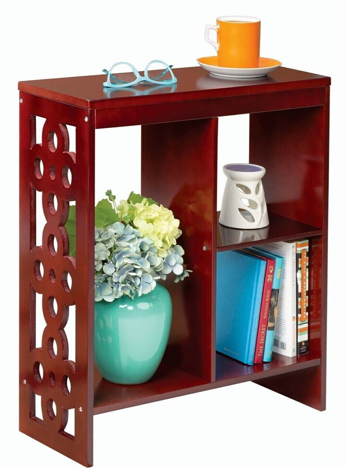 Wood Side Table 3 Shelves Storage Cutout Accents Slim Sofa Mahogany ...