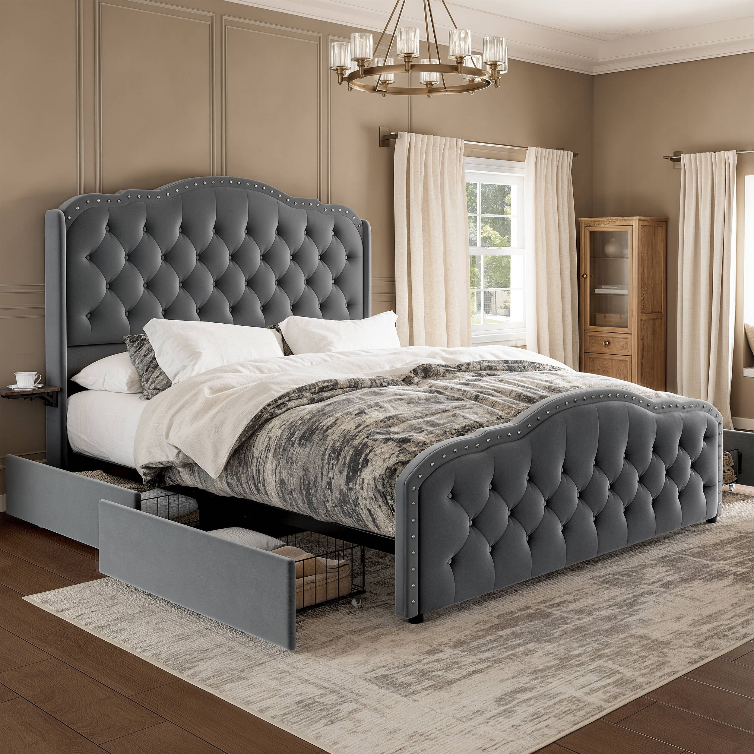 GUNAITO Queen Size Bed Frame with 4 Storage Drawers, Velvet ...