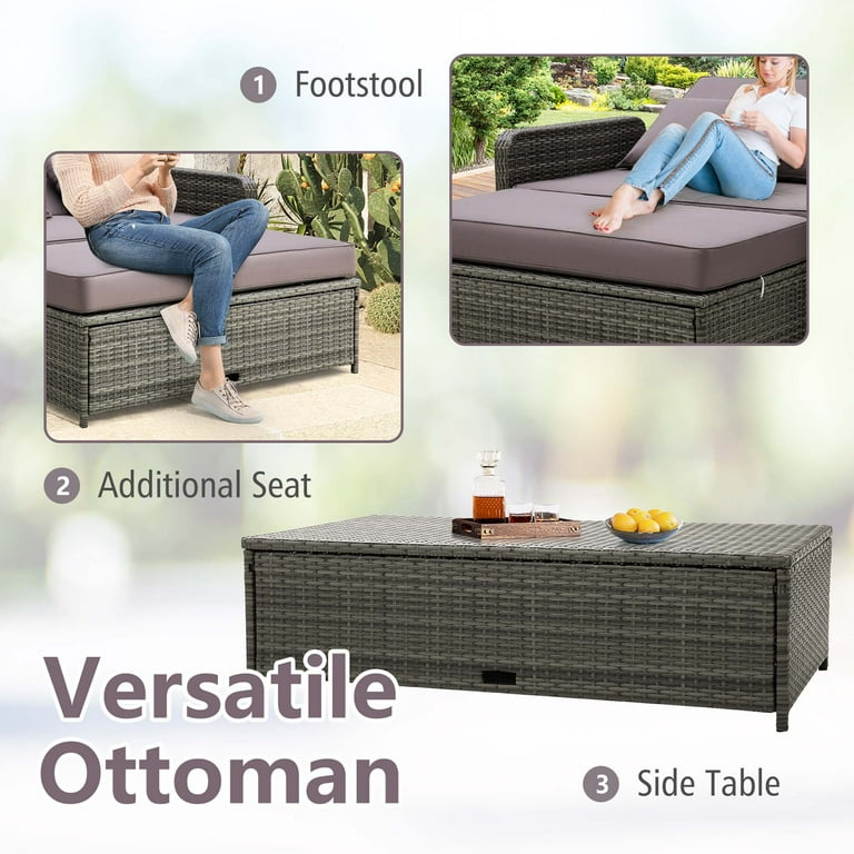Costway Patio Rattan Daybed Set Wicker Loveseat Sofa with Ottoman Retractable Side Tray