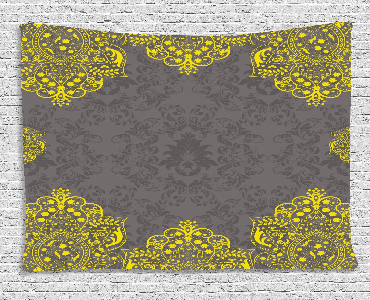 Grey and Yellow Tapestry, Victorian Style Backdrop with Indian Floral ...